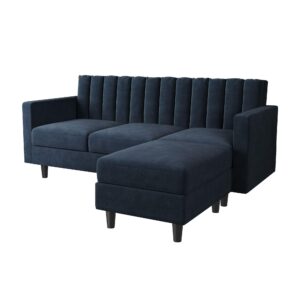 HONBAY Convertible L Shaped Sofa Velvet Sectional Couch with Reversible Chaise, L Shaped Couch with Ottoman for Small Living Room, Dark Blue