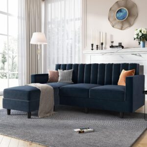 honbay convertible l shaped sofa velvet sectional couch with reversible chaise, l shaped couch with ottoman for small living room, dark blue