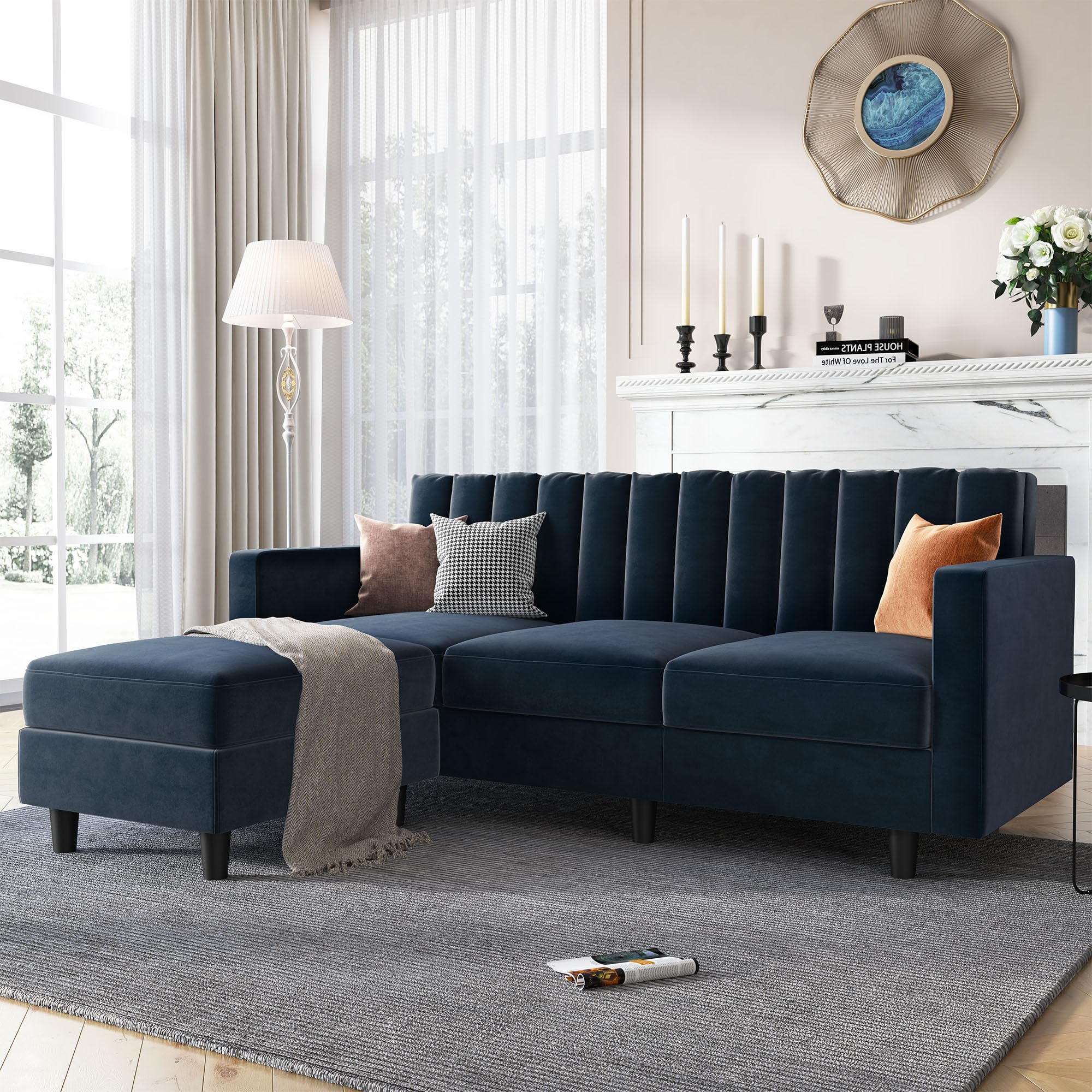 HONBAY Convertible L Shaped Sofa Velvet Sectional Couch with Reversible Chaise, L Shaped Couch with Ottoman for Small Living Room, Dark Blue