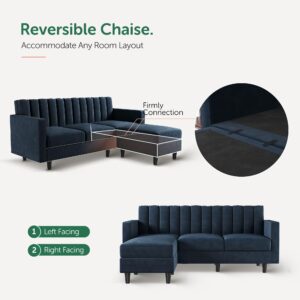 HONBAY Convertible L Shaped Sofa Velvet Sectional Couch with Reversible Chaise, L Shaped Couch with Ottoman for Small Living Room, Dark Blue