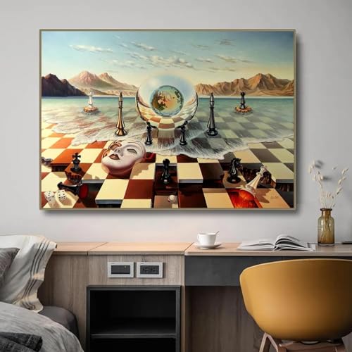 KDXAOBEI Modern Wall Art Pictures Salvador Dali Surrealism Chess Mask On Sea Canvas Painting Wall Art Abstract Prints Posters 20"x28"(50x70cm) with-gold-frame