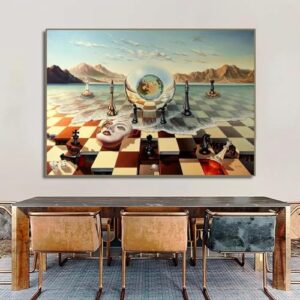 kdxaobei modern wall art pictures salvador dali surrealism chess mask on sea canvas painting wall art abstract prints posters 20"x28"(50x70cm) with-gold-frame