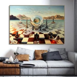 KDXAOBEI Modern Wall Art Pictures Salvador Dali Surrealism Chess Mask On Sea Canvas Painting Wall Art Abstract Prints Posters 20"x28"(50x70cm) with-gold-frame