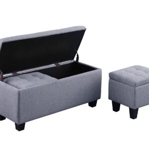 Large Storage Ottoman Bench Set, 3 in 1 Combination Ottoman, Bedroom Bench with Hidden Storage, Tufted Ottoman Linen Bench - Support 250lbs, for Living Room, Entryway, Hallway, TV Entertainment, Grey