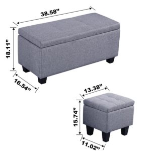 Large Storage Ottoman Bench Set, 3 in 1 Combination Ottoman, Bedroom Bench with Hidden Storage, Tufted Ottoman Linen Bench - Support 250lbs, for Living Room, Entryway, Hallway, TV Entertainment, Grey