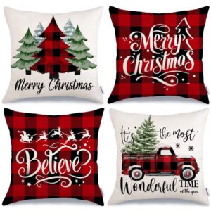 geeory merry christmas throw pillow covers 18x18 inch set of 4, xmas trees truck buffalo plaid believe farmhouse decorative cushion cases for home decoration g421-18