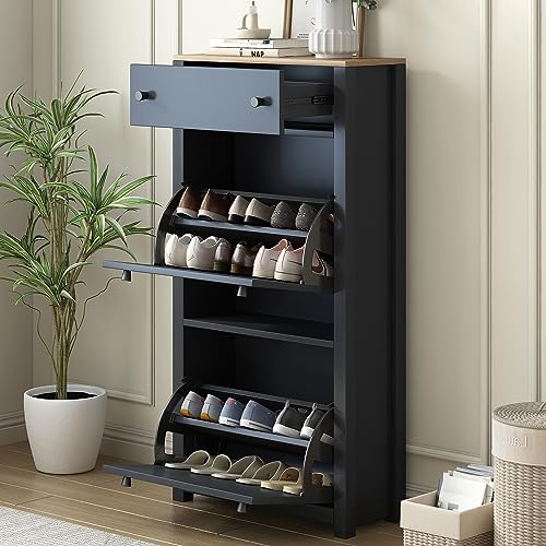 HESIEU Functional Wooden Shoe Cabinet with 2 flip-top Drawers, Wood Grain Pattern top Shoe Cabinet with Drawers Freestanding Shoe Rack with Adjustable Panel for Hallway Entrance Foyer (Black)