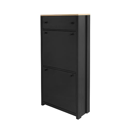 HESIEU Functional Wooden Shoe Cabinet with 2 flip-top Drawers, Wood Grain Pattern top Shoe Cabinet with Drawers Freestanding Shoe Rack with Adjustable Panel for Hallway Entrance Foyer (Black)