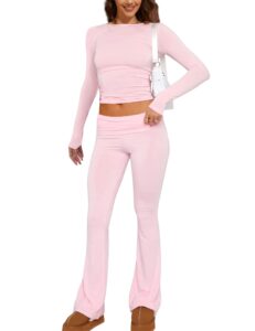 missactiver women's two piece outfit basic long sleeve crop top and low rise flare pants set lounge 2 piece yoga tracksuit（pink, medium