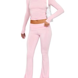 MISSACTIVER Women's Two Piece Outfit Basic Long Sleeve Crop Top and Low Rise Flare Pants Set Lounge 2 Piece Yoga Tracksuit（Pink, Medium