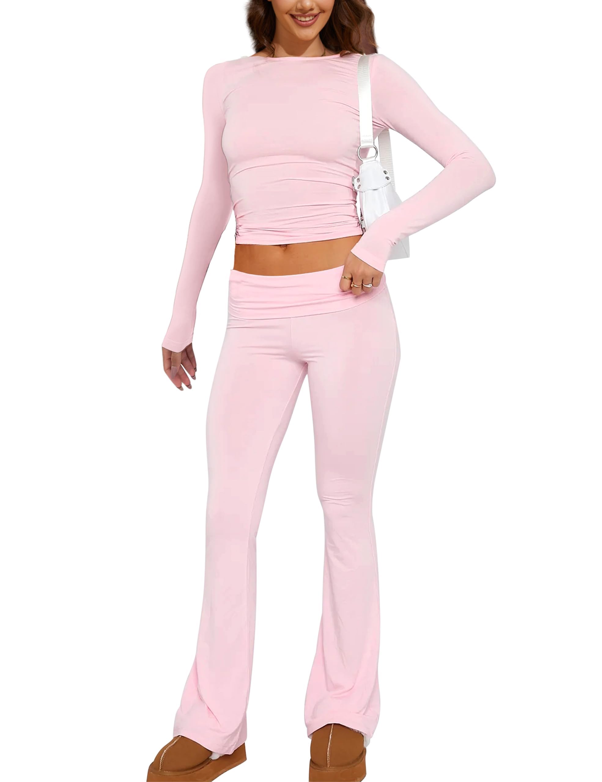 MISSACTIVER Women's Two Piece Outfit Basic Long Sleeve Crop Top and Low Rise Flare Pants Set Lounge 2 Piece Yoga Tracksuit（Pink, Medium