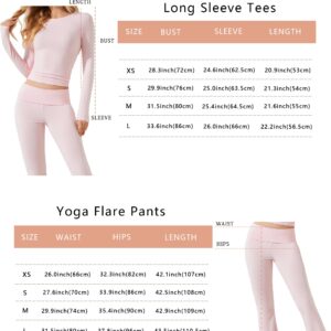 MISSACTIVER Women's Two Piece Outfit Basic Long Sleeve Crop Top and Low Rise Flare Pants Set Lounge 2 Piece Yoga Tracksuit（Pink, Medium