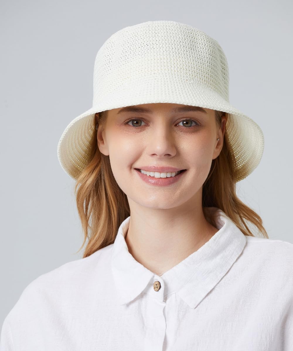 MEINICY Women Mesh Bucket Hat Woven Beach Hat Straw Sun Hat Foldable Packable Solid Fishing Hat for Summer Spring Fall (Ivory White)