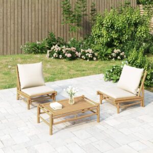 vraxo 3 piece patio lounge set with cream white cushions bamboo,outdoor furniture sets-60.94lbs