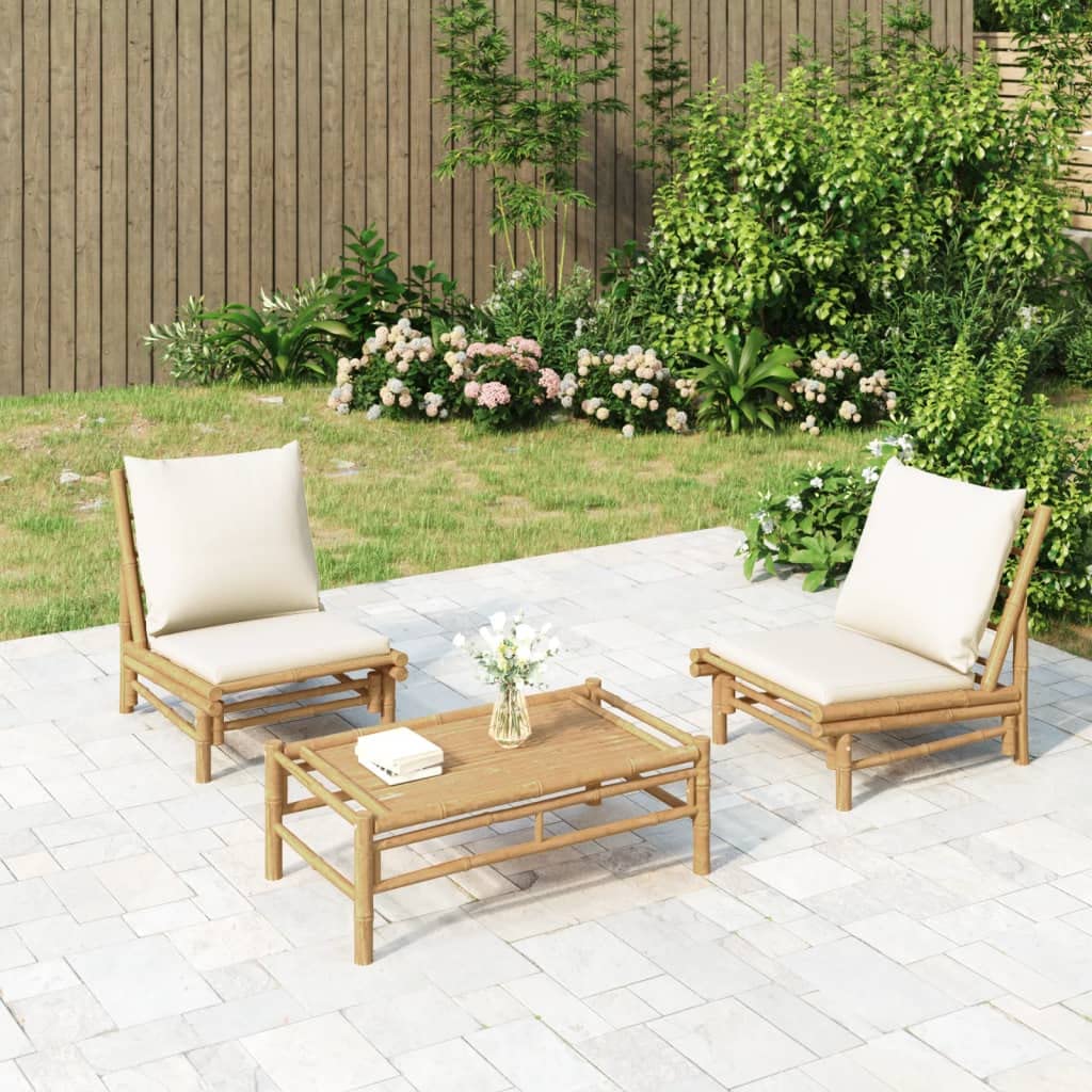 VRAXO 3 Piece Patio Lounge Set with Cream White Cushions Bamboo,Outdoor Furniture Sets-60.94lbs