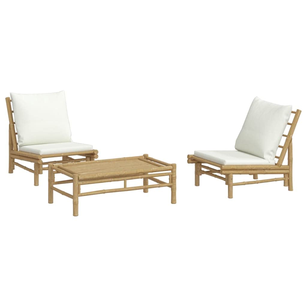 VRAXO 3 Piece Patio Lounge Set with Cream White Cushions Bamboo,Outdoor Furniture Sets-60.94lbs