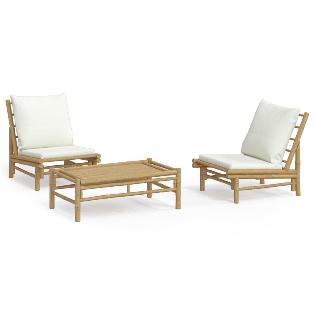 VRAXO 3 Piece Patio Lounge Set with Cream White Cushions Bamboo,Outdoor Furniture Sets-60.94lbs