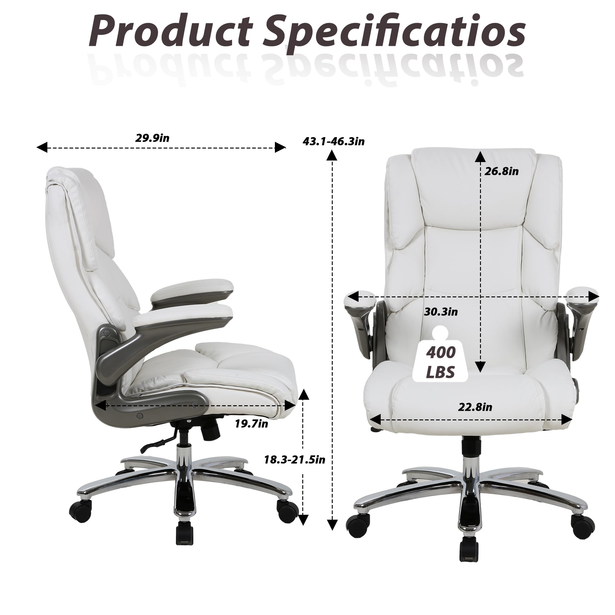 Office Chair, Home Office Desk Chairs with Flip-Up Arms, Big and Tall Office Chair with 400LBS Load-Bearing Capacity, White Office Chair, Executive Office Chair for Heavy People, White, Faux Leather