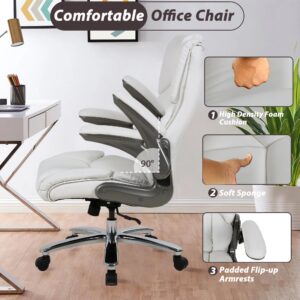 Office Chair, Home Office Desk Chairs with Flip-Up Arms, Big and Tall Office Chair with 400LBS Load-Bearing Capacity, White Office Chair, Executive Office Chair for Heavy People, White, Faux Leather