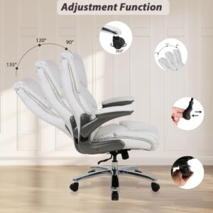 Office Chair, Home Office Desk Chairs with Flip-Up Arms, Big and Tall Office Chair with 400LBS Load-Bearing Capacity, White Office Chair, Executive Office Chair for Heavy People, White, Faux Leather