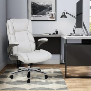 Office Chair, Home Office Desk Chairs with Flip-Up Arms, Big and Tall Office Chair with 400LBS Load-Bearing Capacity, White Office Chair, Executive Office Chair for Heavy People, White, Faux Leather