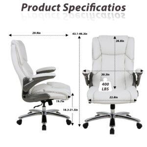 Office Chair, Comfortable Office Chair with Flip-Up Arm, High Back Office Chair with 400LBS Load -Bearing Capacity, Comfy Office Chair for Heavy People, Big and Tall Office Chair, White, Faux Leather