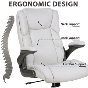 Office Chair, Comfortable Office Chair with Flip-Up Arm, High Back Office Chair with 400LBS Load -Bearing Capacity, Comfy Office Chair for Heavy People, Big and Tall Office Chair, White, Faux Leather