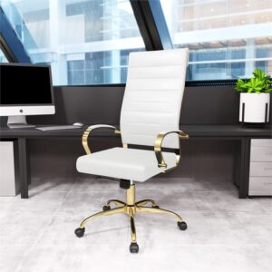 Pemberly Row High-Back Leather Office Chair with Gold Frame in White