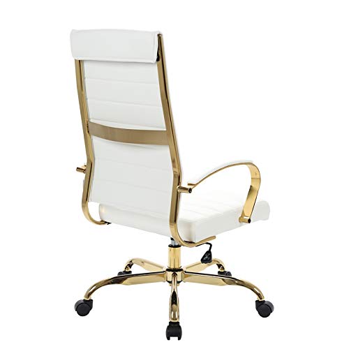 Pemberly Row High-Back Leather Office Chair with Gold Frame in White