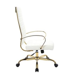 Pemberly Row High-Back Leather Office Chair with Gold Frame in White