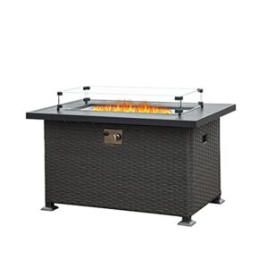 propane fire pit table, outdoor fire table rectangle 50000 btu, 43 inch gas fire pit for outside patio with etl-certified, auto ignition, aluminum tabletop, glass wind guard, cover, gray wicker