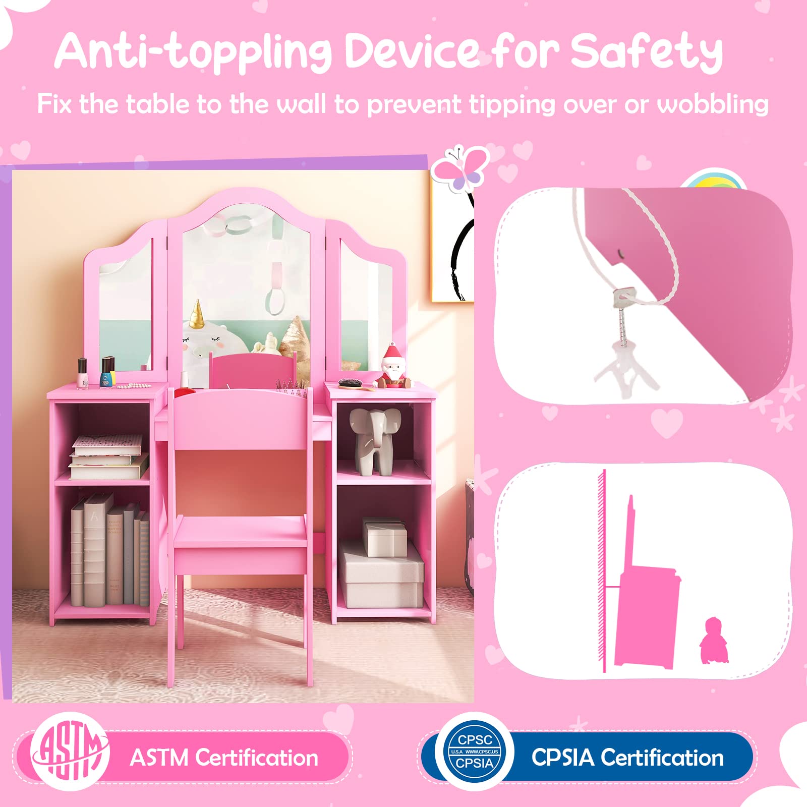 KOTEK Kids Vanity Table and Chair, 2 in 1 Wooden Princess Dressing Desk with Detachable Tri-Folding Mirror & Storage Shelves, Girls Pretend Play Beauty Makeup Vanity for Bedroom (Pink with Chair)