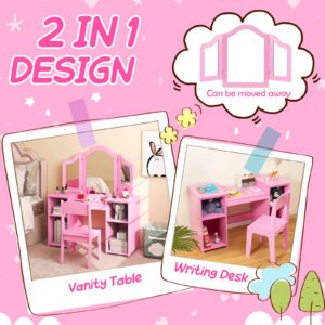 KOTEK Kids Vanity Table and Chair, 2 in 1 Wooden Princess Dressing Desk with Detachable Tri-Folding Mirror & Storage Shelves, Girls Pretend Play Beauty Makeup Vanity for Bedroom (Pink with Chair)