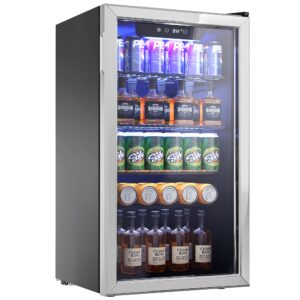 icyglee beverage refrigerator cooler - 126 can mini fridge with glass door freestanding for soda beer or wine, beverage cooler for home, office, bar with adjustable removable shelves, silver.