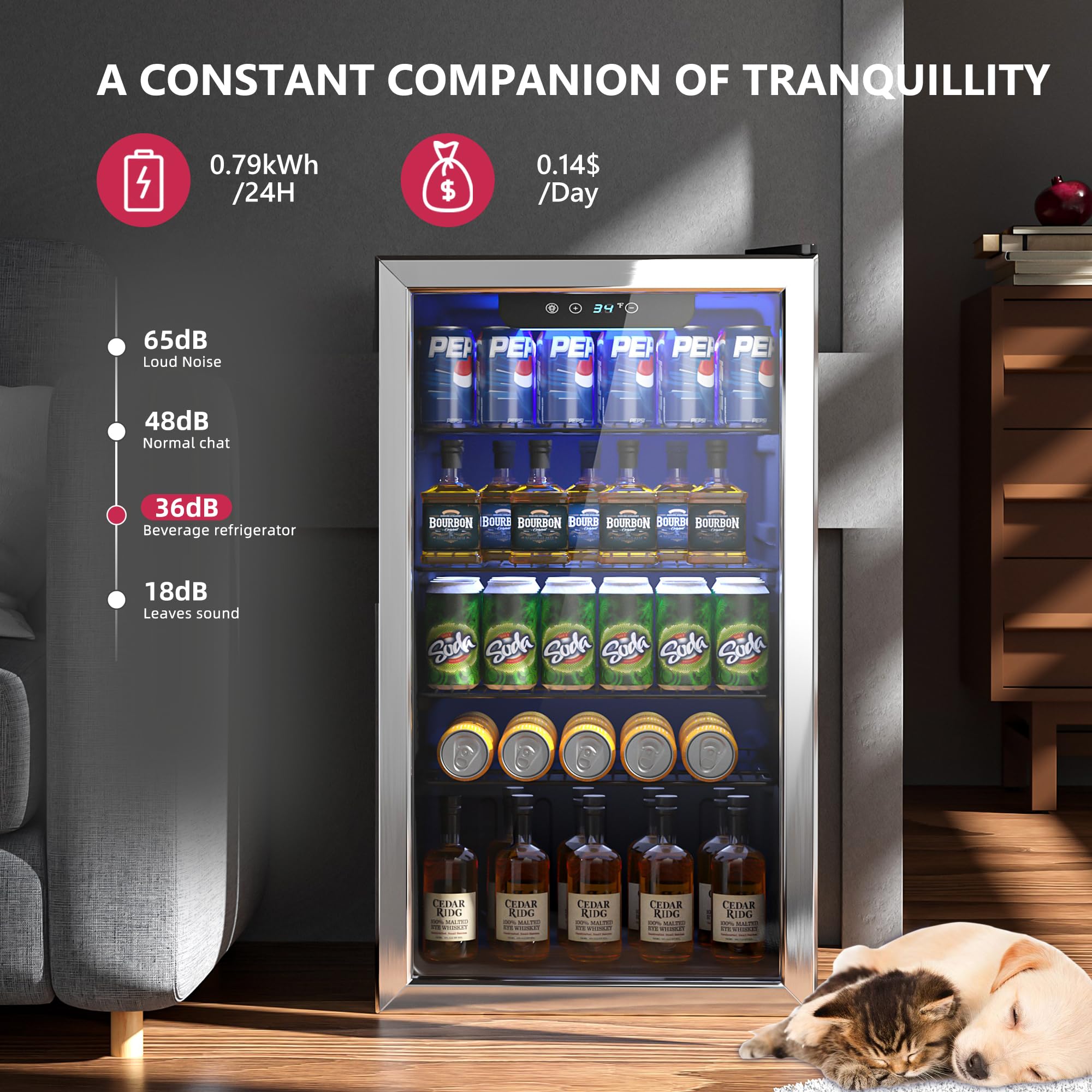 Icyglee Beverage Refrigerator Cooler - 126 Can Mini Fridge with Glass Door Freestanding for Soda Beer or Wine, Beverage Cooler for Home, Office, Bar with Adjustable Removable Shelves, Silver.