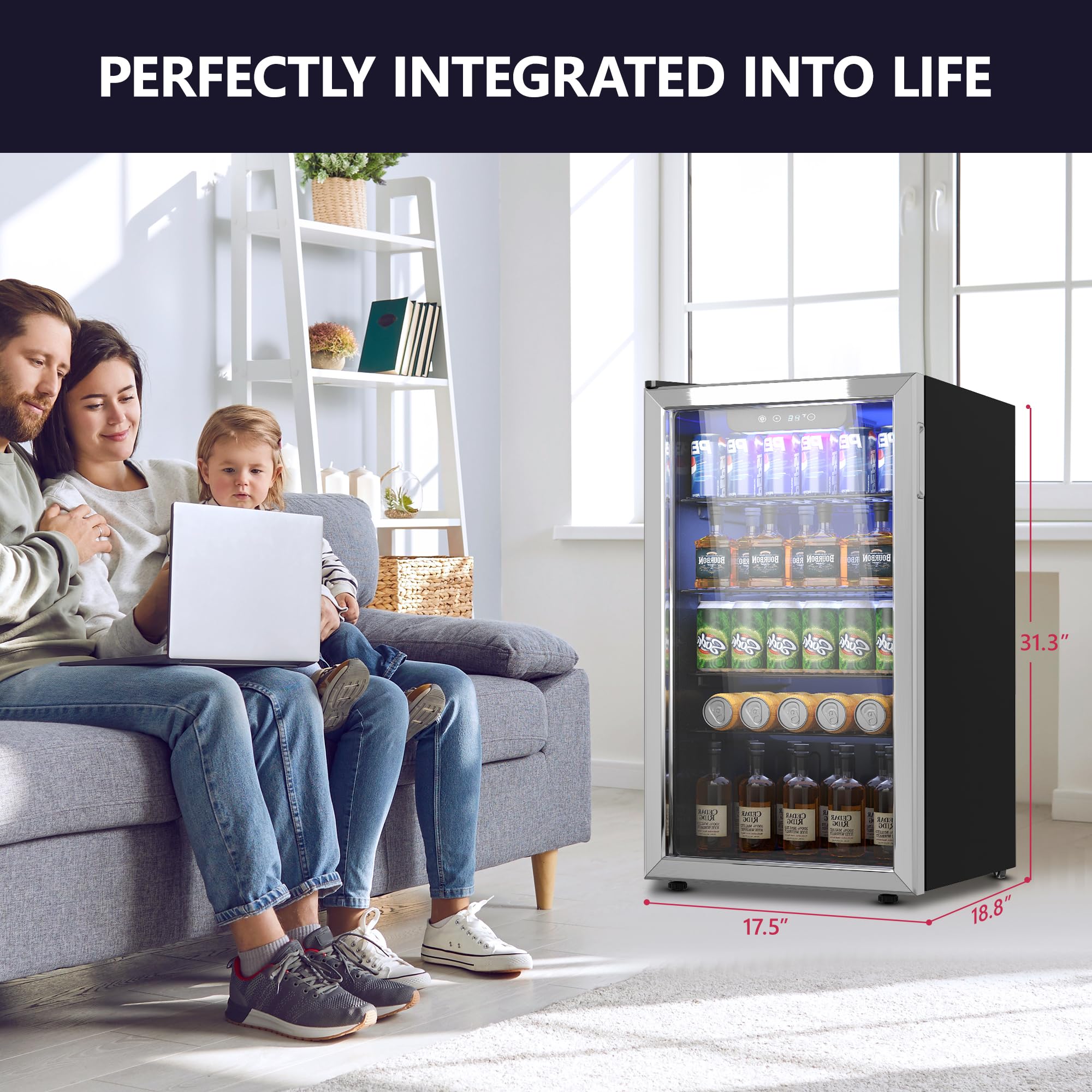 Icyglee Beverage Refrigerator Cooler - 126 Can Mini Fridge with Glass Door Freestanding for Soda Beer or Wine, Beverage Cooler for Home, Office, Bar with Adjustable Removable Shelves, Silver.