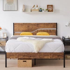 vecelo platform bed frame queen size with rustic wood headboard, strong metal slats support no box spring needed, easy assembly