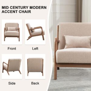 ANJ Modern Arm Chair, Mid-Century Modern Accent Chair Upholstered Lounge Chair with Pillow and Solid Wood Frame, Linen Fabric Comfy Chairs for Living Room