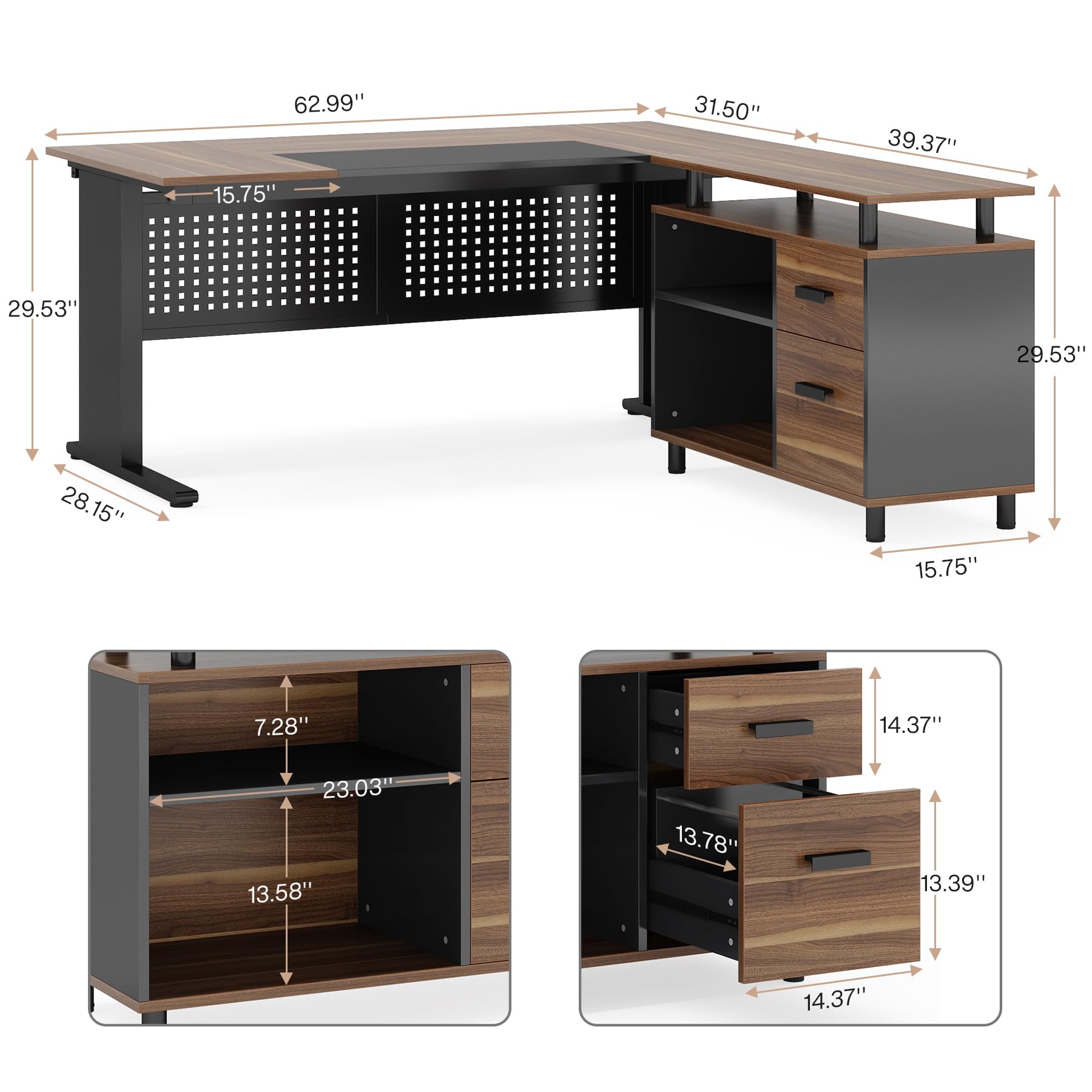 Tribesigns 63 Inch Executive Desk with File Cabinet, Large Office Desk L Shaped Computer Desk with Drawers and Storage Shelves, Business Furniture Desk Workstation for Home Office, Brown and Black