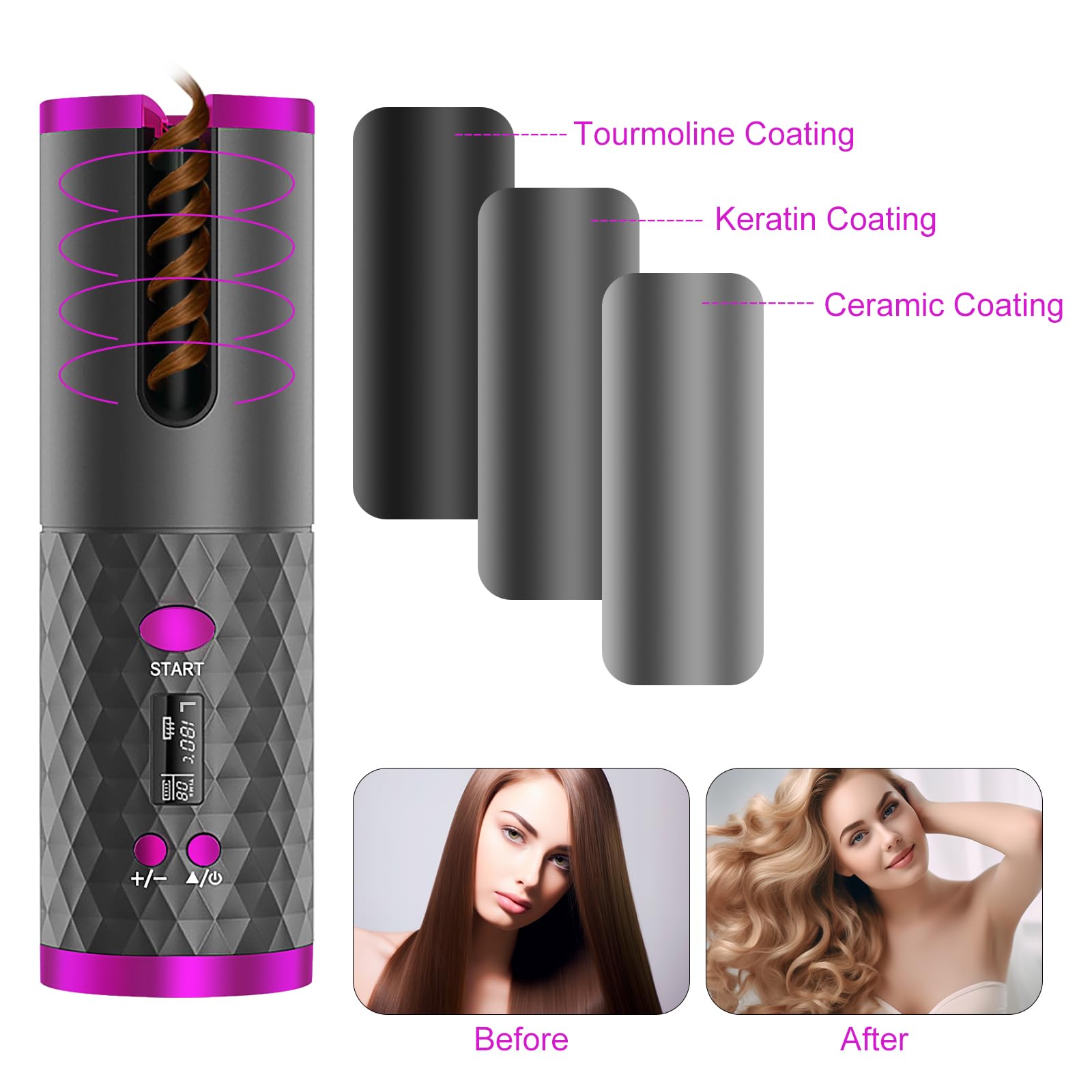 Automatic Cordless Auto Hair Curler Curling Iron with LCD Display Adjustable Timer & Temperature, Portable Rotating Ceramic Barrel Curling Wand Fast Heating Hair Curler