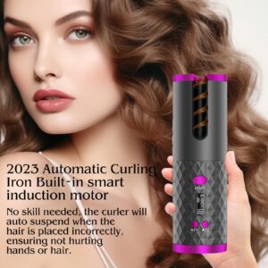 Automatic Cordless Auto Hair Curler Curling Iron with LCD Display Adjustable Timer & Temperature, Portable Rotating Ceramic Barrel Curling Wand Fast Heating Hair Curler