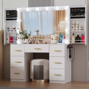 furnjoylife white makeup vanity desk with lighted mirror & power outlet,3 color modes, brightness adjustable,vanity table with drawer,sliding 2 storage wall-mounted jewelry,4 shelves for bedroom