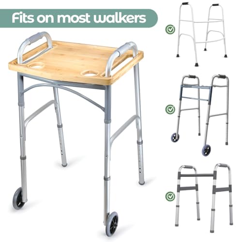 Medical king Walker Tray Table with Cup Holder Mobility Table Tray for Folding Walkers Foldable, Portable Multipurpose Bamboo Tray for Eating, Crafts, Laptops Medical Equipment Accessories - 21x16"