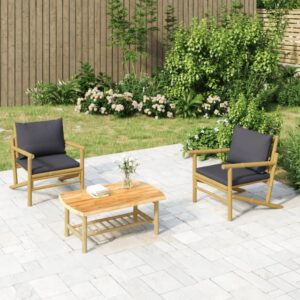 vraxo 3 piece patio lounge set with dark gray cushions bamboo,outdoor furniture sets-58.3lbs