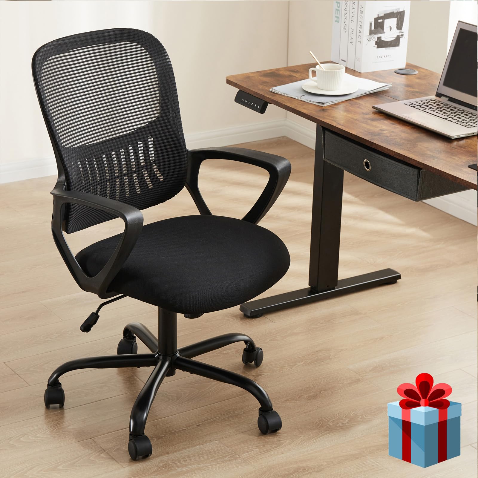 SMUG Home Office Computer Gaming Desk Chair, Ergonomic Mid-Back Mesh Rolling Work Swivel Task Chairs with Wheels, Comfortable Lumbar Support, Comfy Arms for Bedroom, Study, Student, Adults, Black