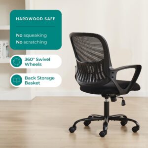 SMUG Home Office Computer Gaming Desk Chair, Ergonomic Mid-Back Mesh Rolling Work Swivel Task Chairs with Wheels, Comfortable Lumbar Support, Comfy Arms for Bedroom, Study, Student, Adults, Black