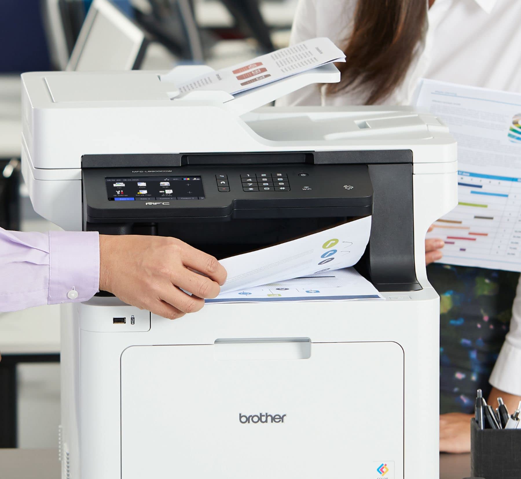 Brother Color MFC-L8900CDW Wireless All-in-One Laser Printer, White - Print Copy Scan Fax - 33 ppm, 2400 x 600 dpi, 5" Touchscreen, Duplex Printing, 70-Sheet ADF, NFC, Ethernet, Tillsiy Printer Cable