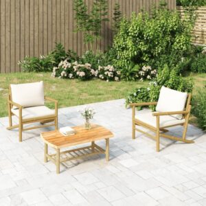 vraxo 3 piece patio lounge set with cream white cushions bamboo,outdoor furniture sets-57.2lbs