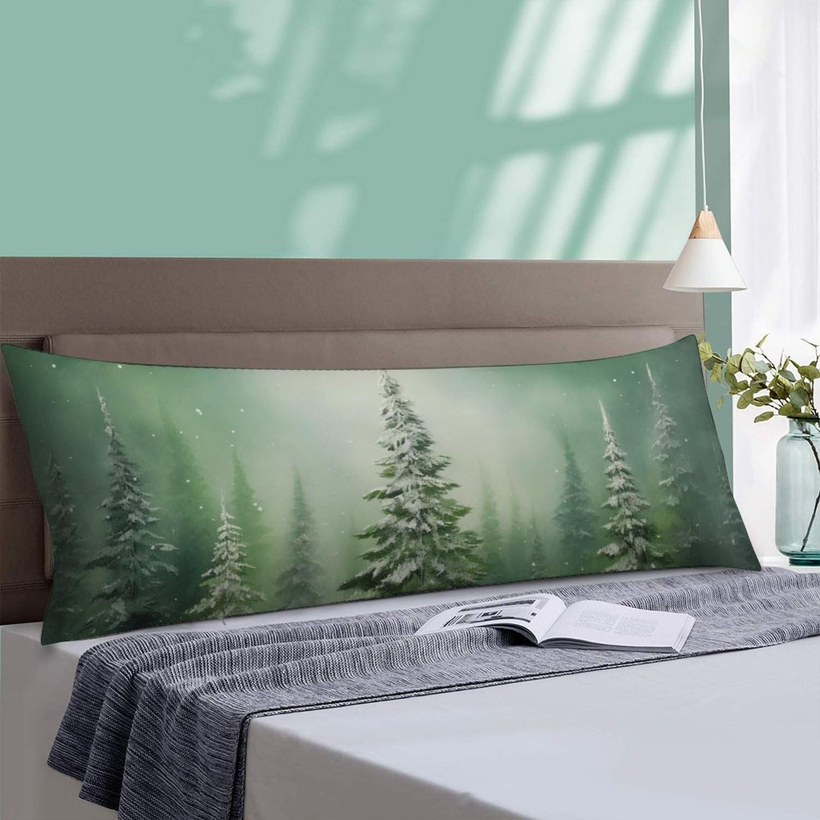 Green Pine Trees with Snowflakes Body Pillow Cover Pillowcase 20 x 54 Zippered Pillow Cover Coniferous Trees Forest Winter Snow Landscape Green Long Body Pillow Case Cover Polyester Decorative