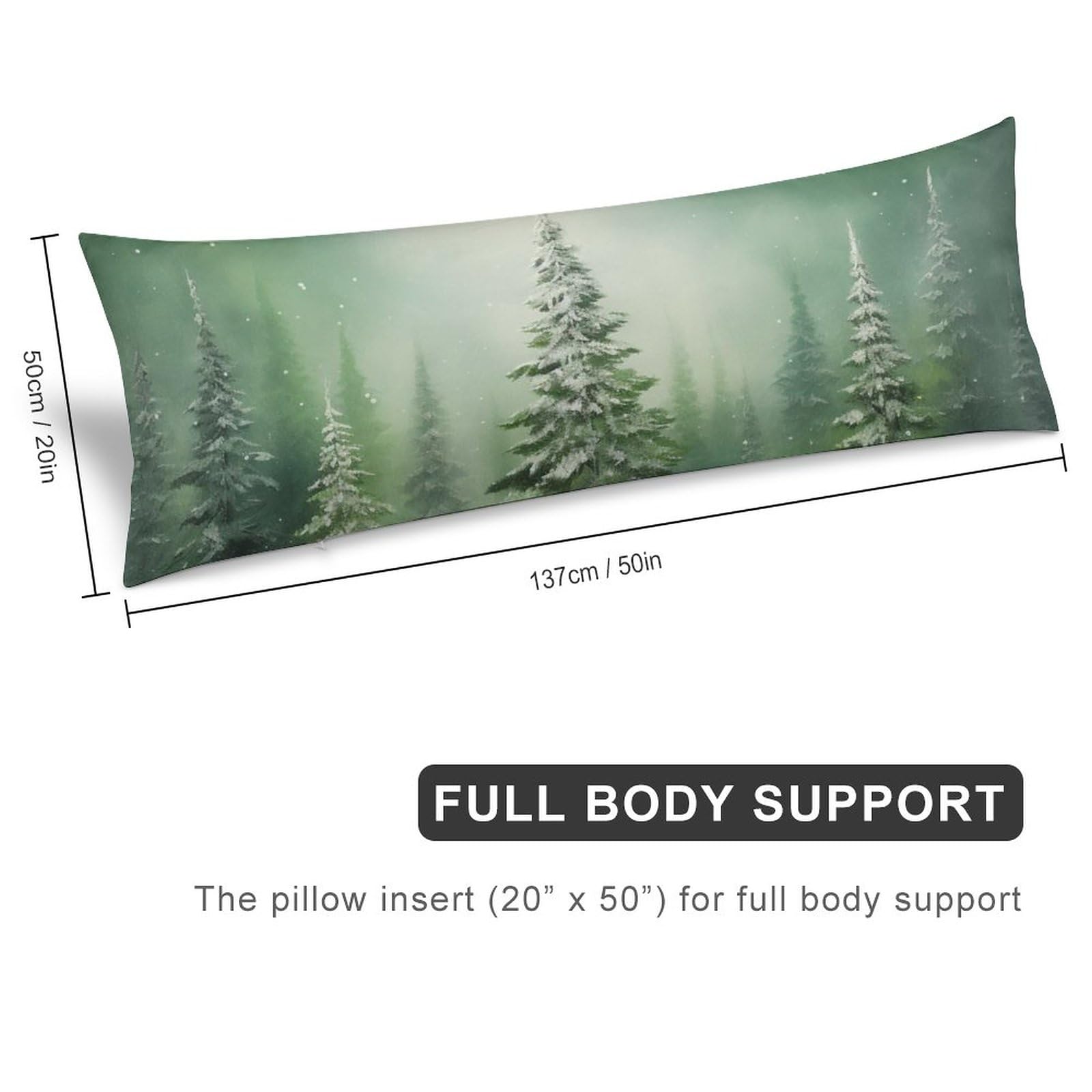 Green Pine Trees with Snowflakes Body Pillow Cover Pillowcase 20 x 54 Zippered Pillow Cover Coniferous Trees Forest Winter Snow Landscape Green Long Body Pillow Case Cover Polyester Decorative